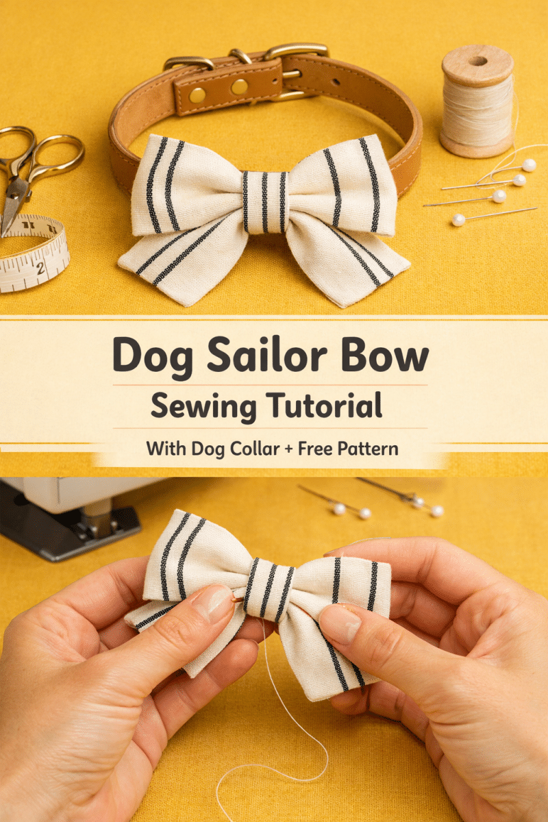 How To Sew Dog Sailor Bow/With Dog Collar/Free Pattern!